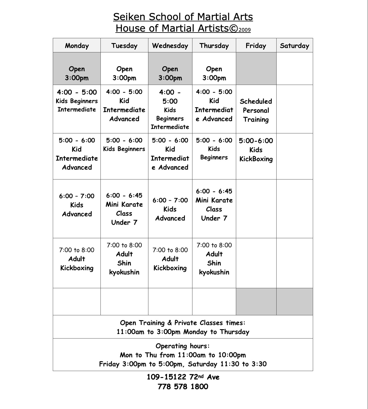 Schedule - Seiken Martial Arts School